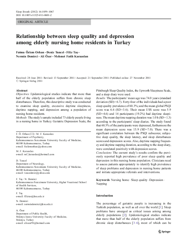 (PDF) Relationship between sleep quality and depression among elderly nursing home residents in ...