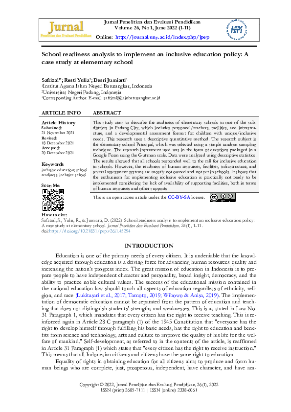 (PDF) School readiness analysis to implement an inclusive education policy: A case study at ...
