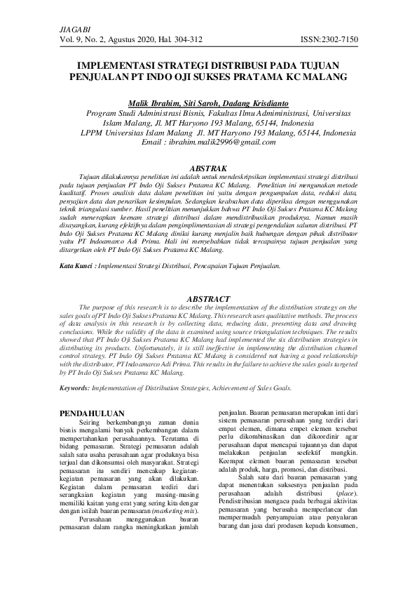(PDF) Implementasi Strategi Distribusi Pada Tujuan Penjualan PT Indo Oji Sukses Pratama KC Malang