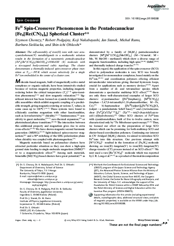 (PDF) Fe(II) Spin-Crossover Phenomenon in the Pentadecanuclear {Fe9 [Re ...