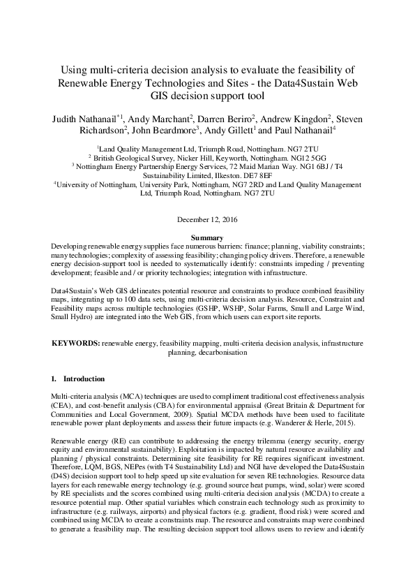 Pdf Using Multi Criteria Analysis To Evaluate The Feasibility Of Renewable Energy Technologies