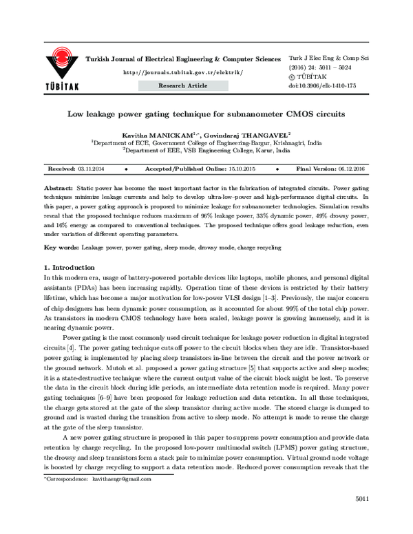 (PDF) Low leakage power gating technique for subnanometer CMOS circuits | GOVINDARAJ THANGAVEL ...