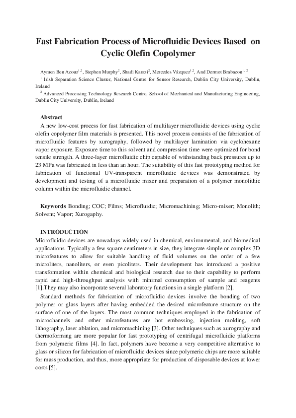 (PDF) Fast Fabrication Process of Microfluidic Devices Based on Cyclic Olefin Copolymer