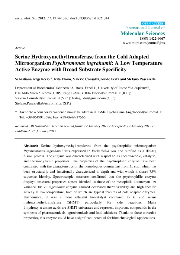 (PDF) Serine Hydroxymethyltransferase from the Cold Adapted ...
