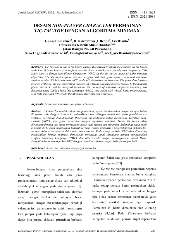 (PDF) Desain Non-Player Character Permainan Tic-Tac-Toe Dengan ...
