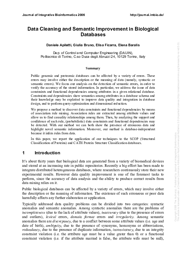 (PDF) Data Cleaning and Semantic Improvement in Biological Databases