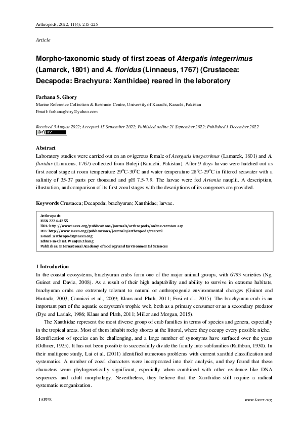 (PDF) Morpho-taxonomic study of first zoeas of Atergatis integerrimus