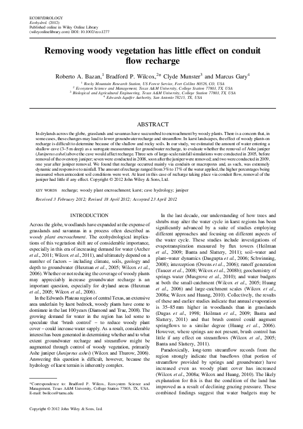 (PDF) Removing woody vegetation has little effect on conduit flow recharge