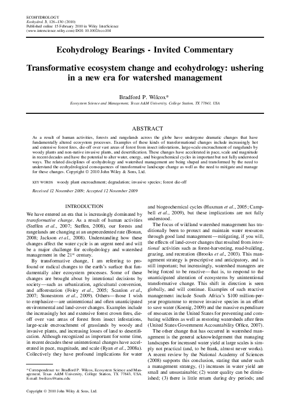 (PDF) Transformative ecosystem change and ecohydrology: ushering in a new era for watershed ...