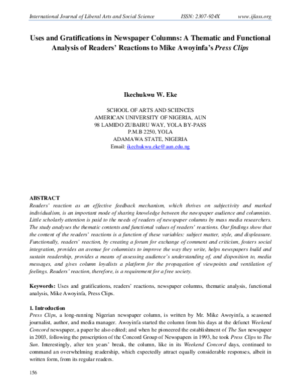 (PDF) Uses and Gratifications in Newspaper Columns : A Thematic and ...