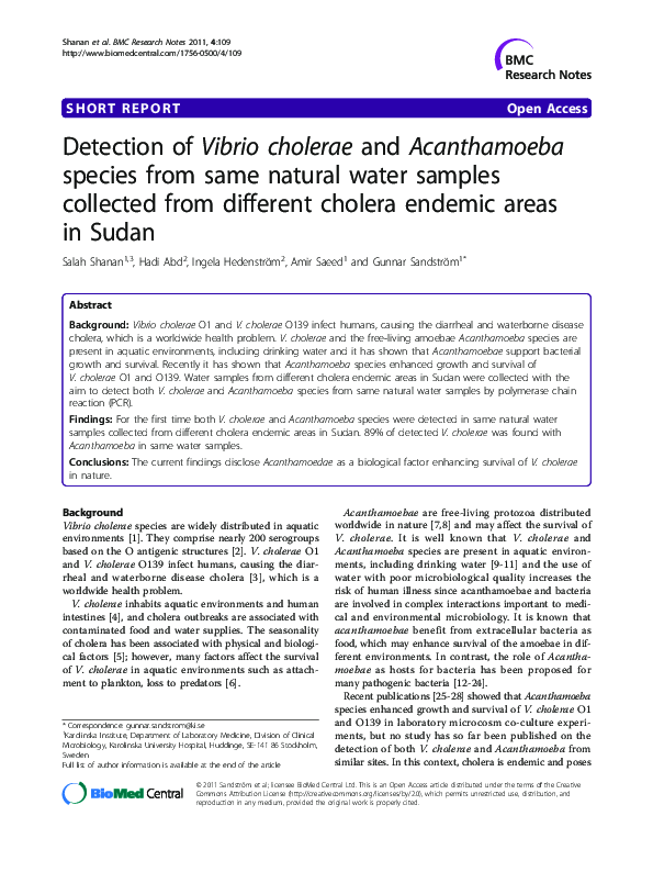 Pdf Detection Of Vibrio Cholerae And Acanthamoeba Species From Same Natural Water Samples