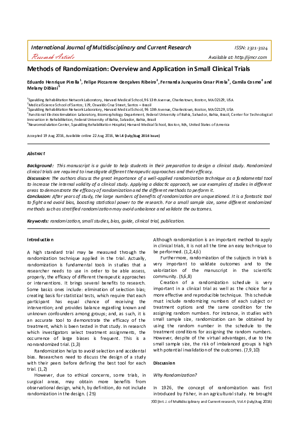 Pdf Methods Of Randomization Overview And Application In Small Clinical Trials