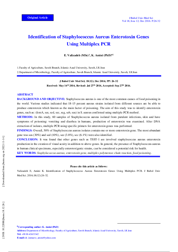 Pdf Identification Of Staphylococcus Aureus Enterotoxin Genes Using Multiplex Pcr