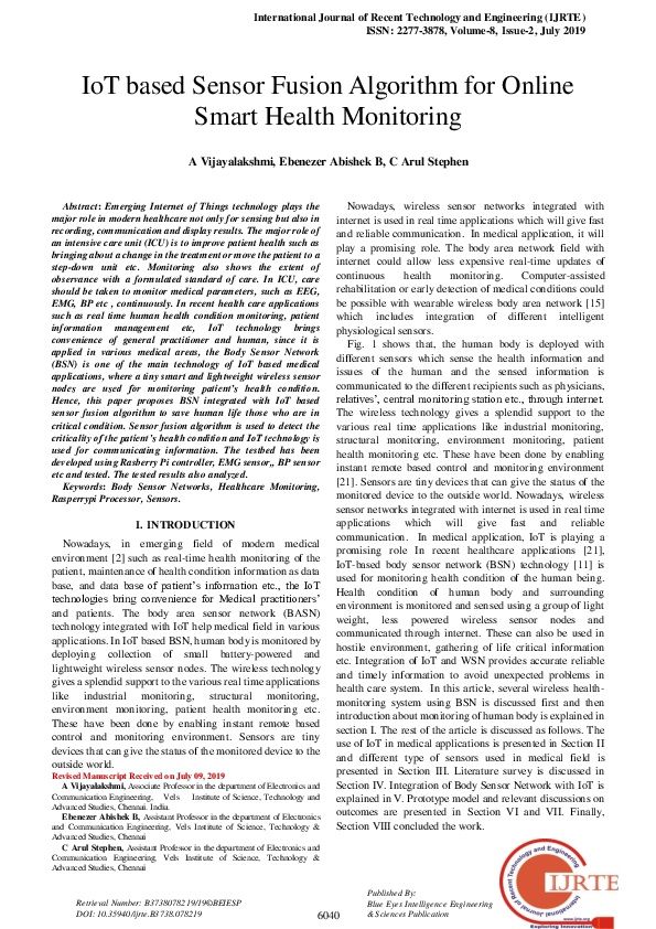 Pdf Iot Based Sensor Fusion Algorithm For Online Smart Health Monitoring