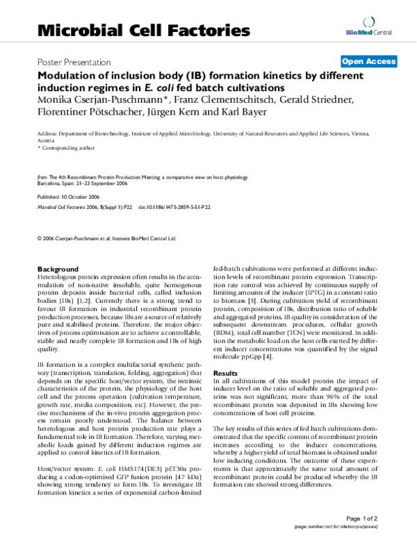 (PDF) Different induction regimes in recombinant E. coli fed batch ...