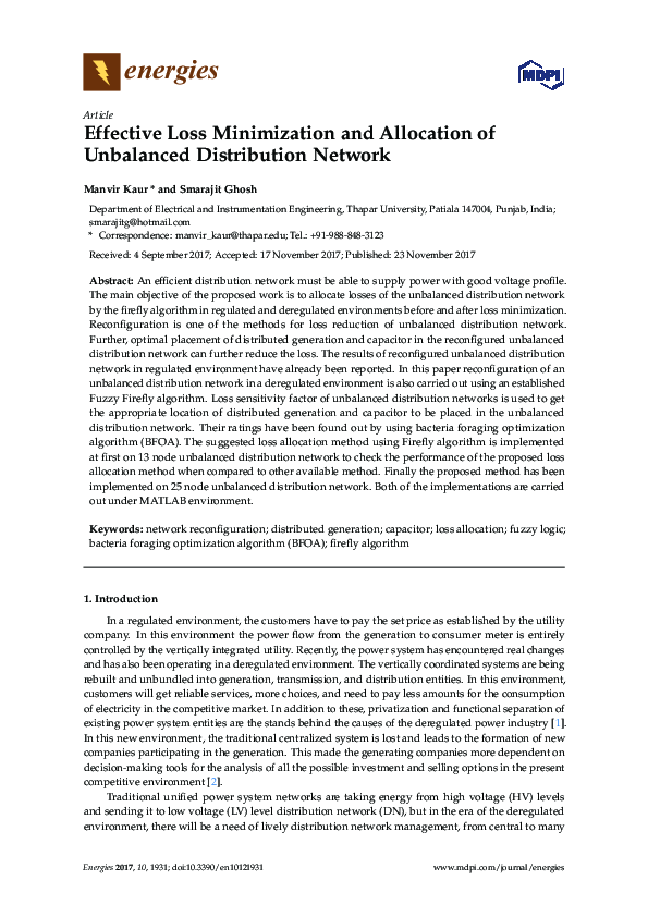 Pdf Effective Loss Minimization And Allocation Of Unbalanced Distribution Network Smarajit