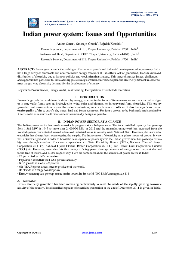 (PDF) Indian power system: Issues and Opportunities