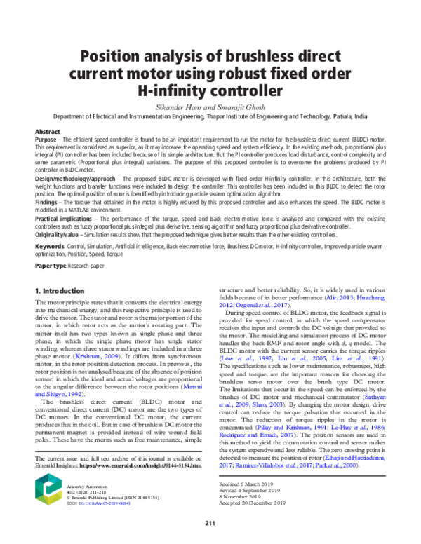 (PDF) Position analysis of brushless direct current motor using robust fixed order H-infinity ...