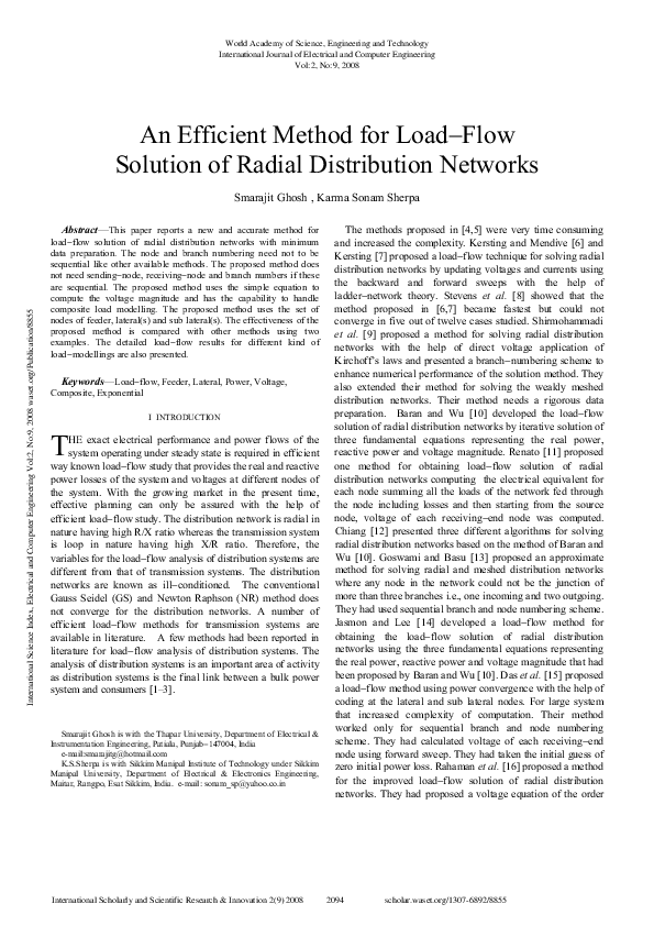 (PDF) An Efficient Method For Load−Flow Solution Of Radial Distribution Networks