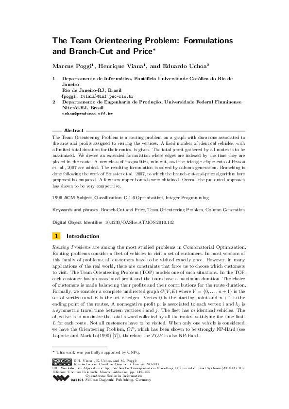 (PDF) The Team Orienteering Problem: Formulations and Branch-Cut and Price