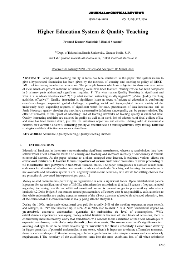 (PDF) Higher Education System & Quality Teaching