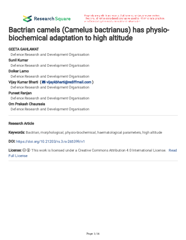 (PDF) Bactrian camels (Camelus bactrianus) has physio-biochemical adaptation to high altitude