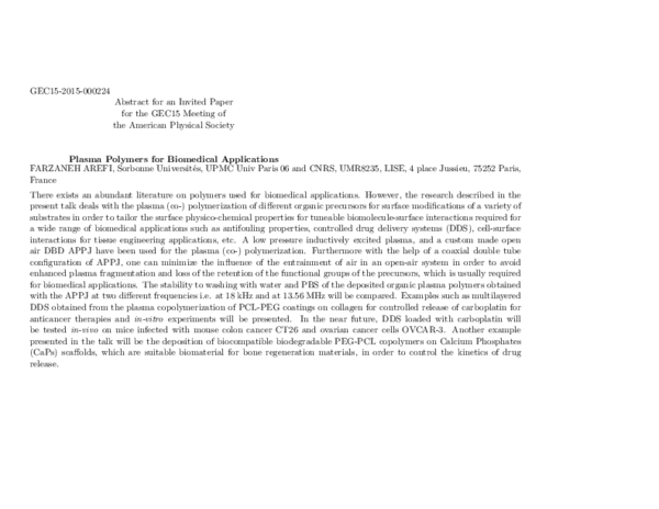 (PDF) Plasma Polymers for Biomedical Applications