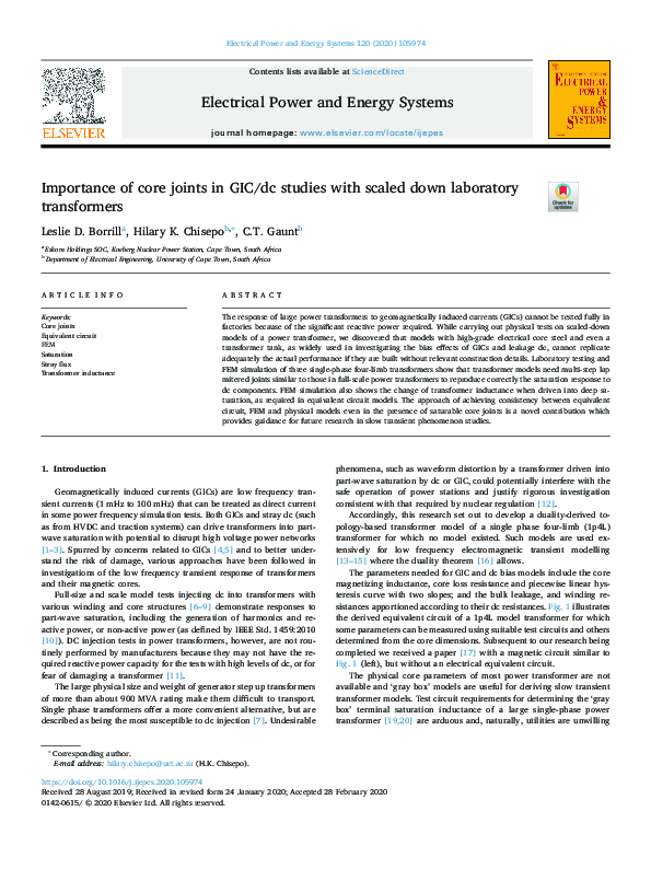 (PDF) Importance of core joints in GIC/dc studies with scaled down ...