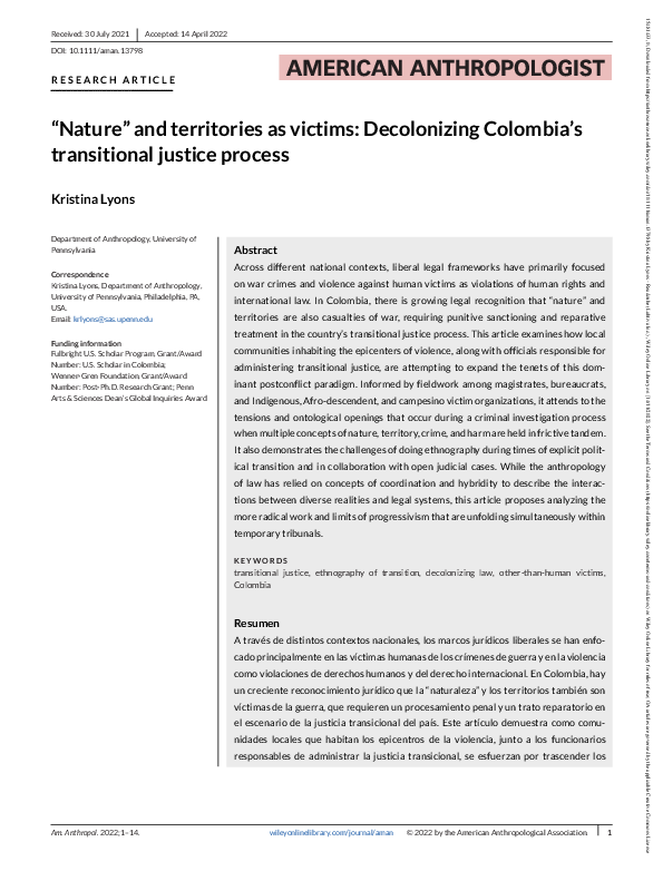 (PDF) "Nature" and territories as victims: Decolonizing Colombia's transitional justice process