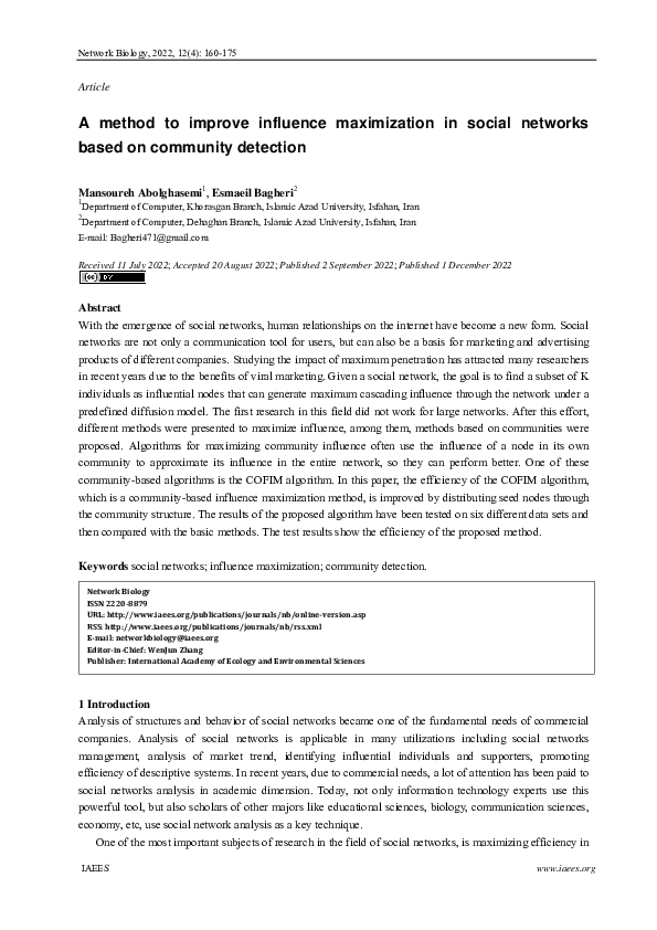 Pdf A Method To Improve Influence Maximization In Social Networks Based On Community Detection
