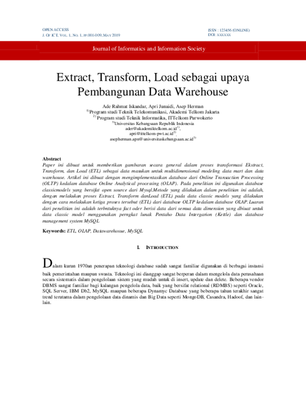 Pdf Extract Transform Load Sebagai Upaya Pembangunan Data Warehouse