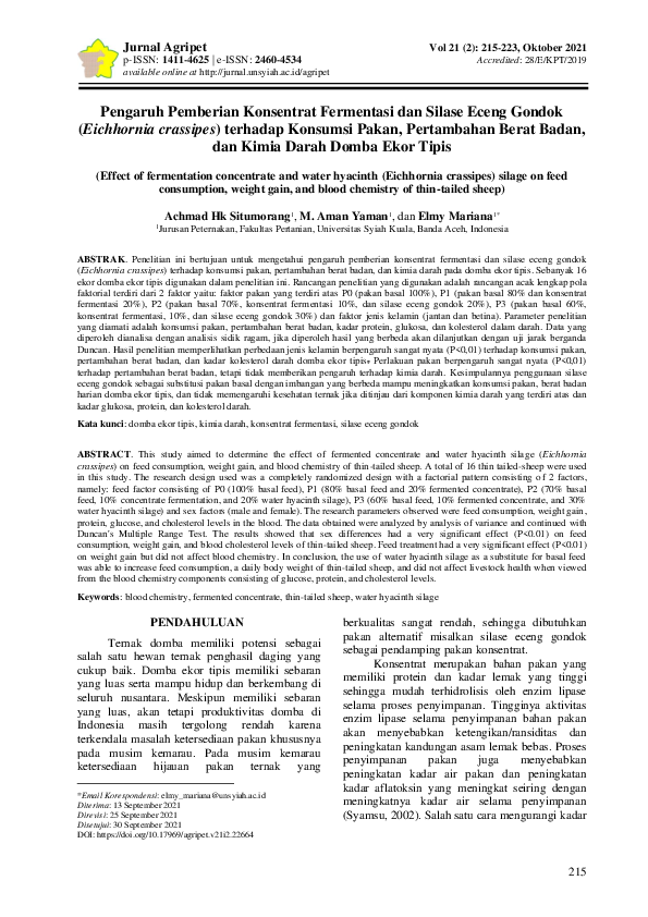 (PDF) Pengaruh Pemberian Konsentrat Fermentasi dan Silase Eceng Gondok (Eichhornia crassipes ...