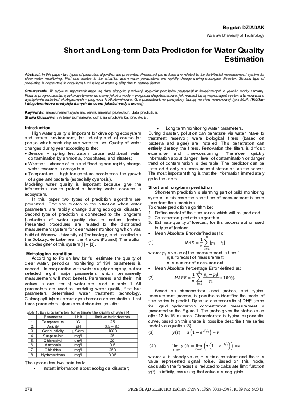 Pdf Short And Long Term Data Prediction For Water Quality Estimation
