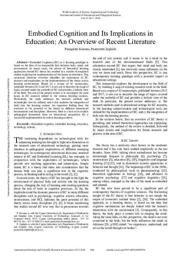(PDF) Embodied Cognition And Its Implications In Education: An Overview Of Recent Literature