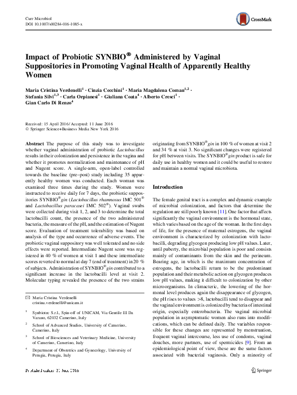 (PDF) Impact of Probiotic SYNBIO® Administered by Vaginal Suppositories ...