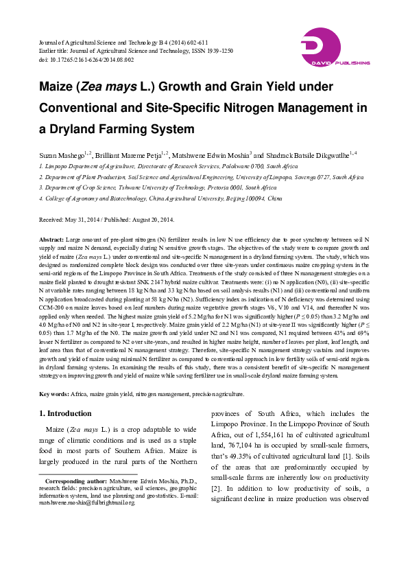 (PDF) Maize (Zea mays L.) Growth and Grain Yield under Conventional and Site-Specific Nitrogen ...