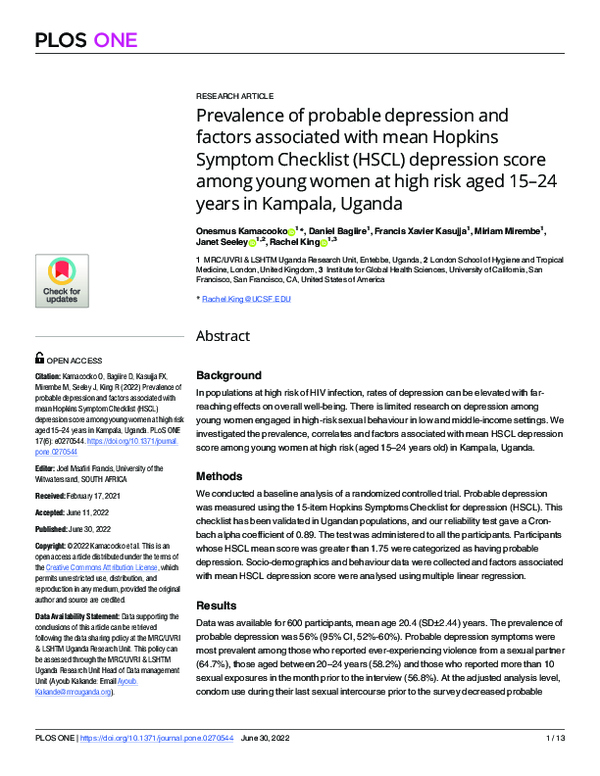 (PDF) Prevalence of probable depression and factors associated with ...