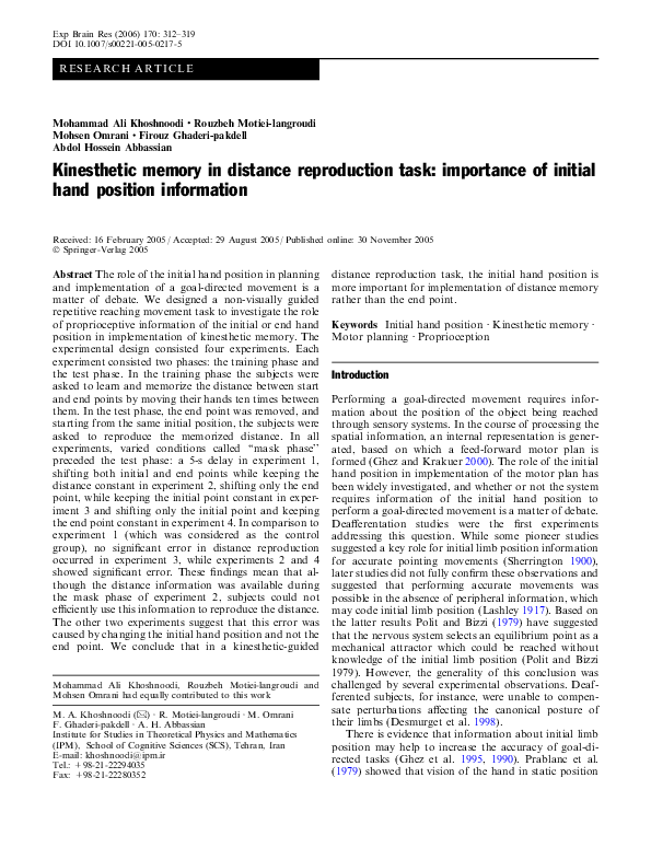 (PDF) Initial Hand Position in Kinesthetic Memory