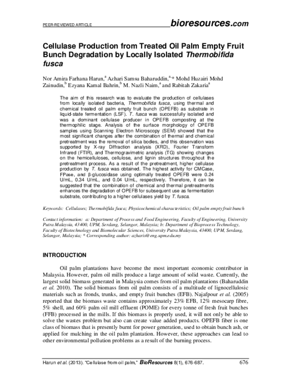(PDF) Cellulase Production from Treated Oil Palm Empty Fruit Bunch Degradation by Locally ...