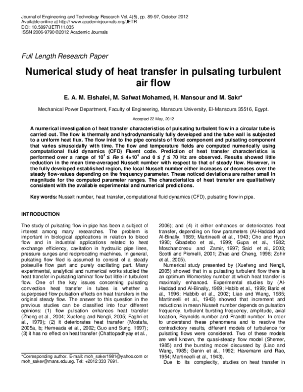 (PDF) Numerical study of heat transfer in pulsating turbulent air flow