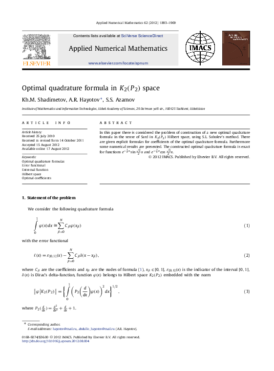(PDF) Optimal quadrature formula in space