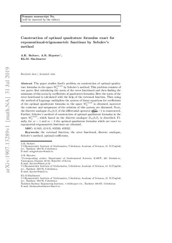 Pdf Construction Of Optimal Quadrature Formulas Exact For Exponentional Trigonometric