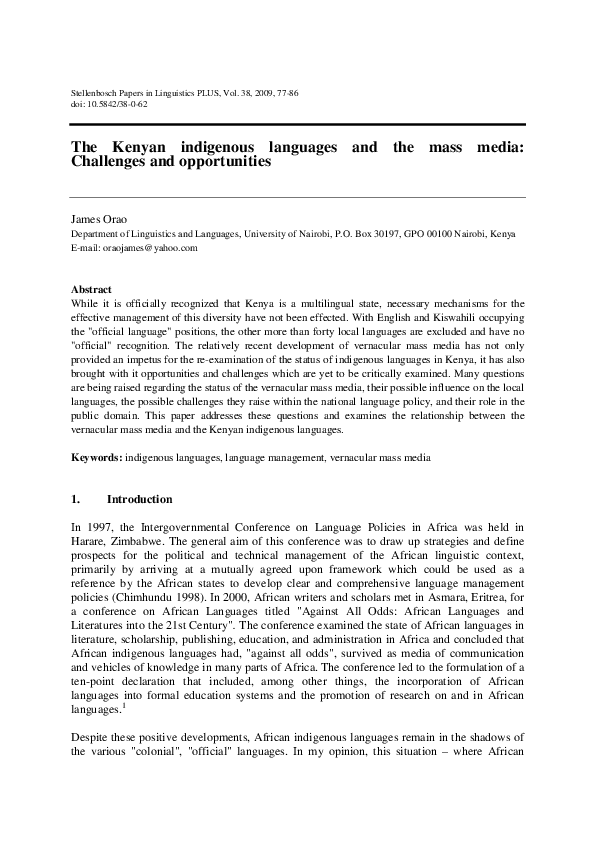 (PDF) The Kenyan indigenous languages and the mass media: Challenges ...