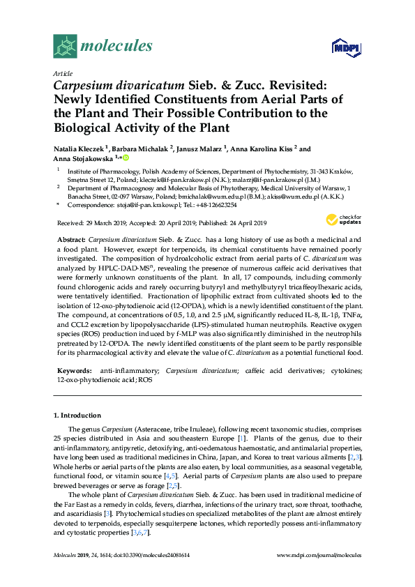 (PDF) Carpesium divaricatum Sieb. & Zucc. Revisited: Newly Identified ...