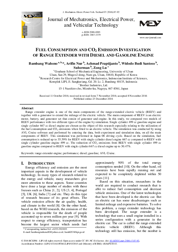 (PDF) Fuel consumption and CO2 emission investigation of range extender ...