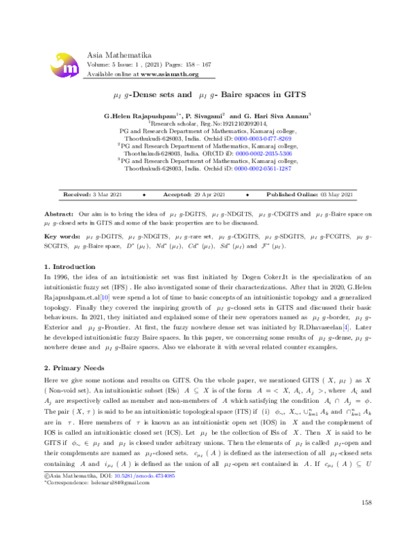 (PDF) mu I g-Dense sets and mu I g- Baire spaces in GITS