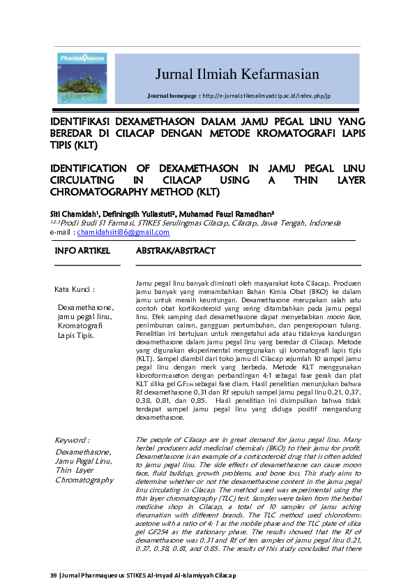 (PDF) Identifikasi Dexamethason dalam Jamu Pegal Linu yang Beredar di Cilacap dengan Metode ...