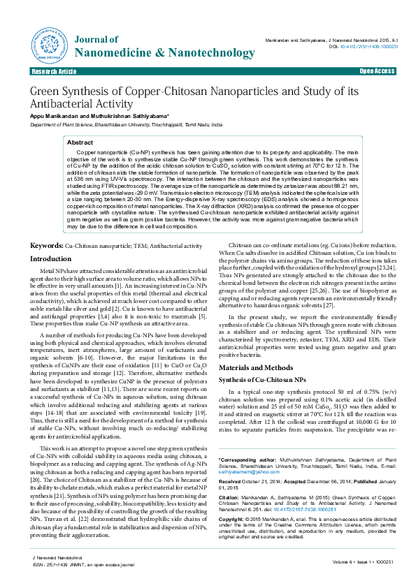 (PDF) Green Synthesis of Copper-Chitosan Nanoparticles and Study of its Antibacterial Activity ...