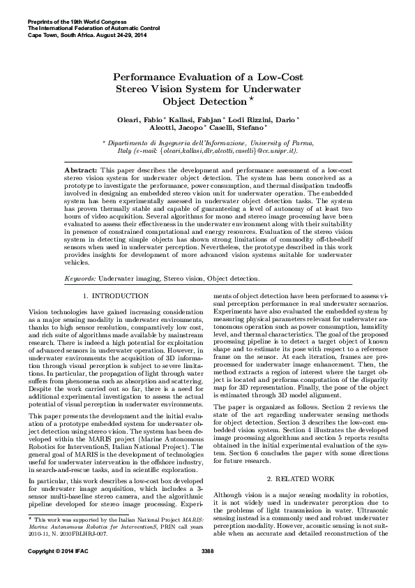 (PDF) Performance Evaluation of a Low-Cost Stereo Vision System for Underwater Object Detection