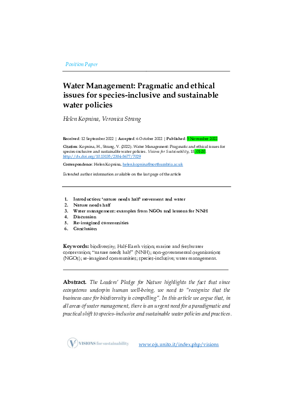 (PDF) Water Management: Pragmatic and ethical issues for species ...